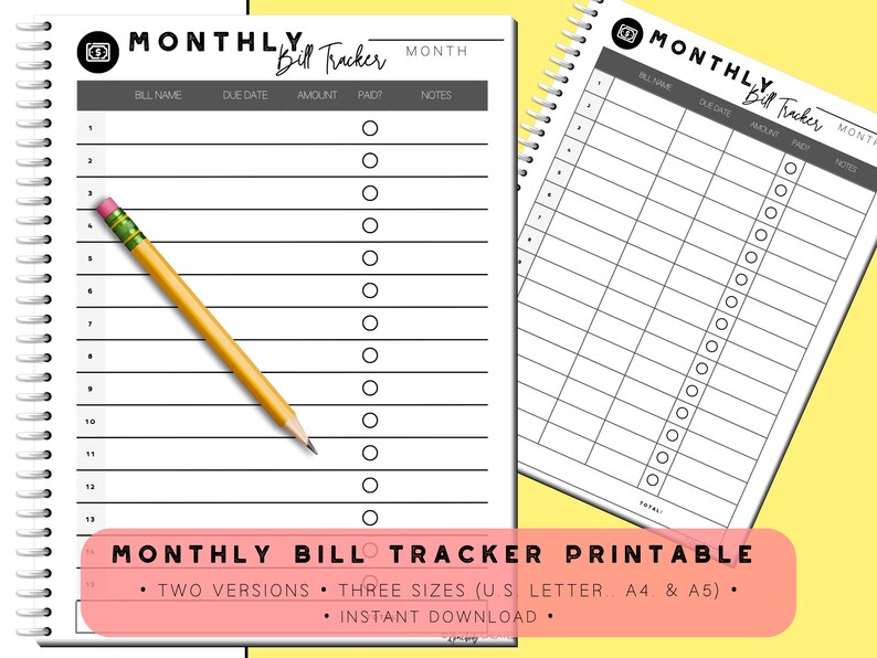 Monthly Bill Tracker Printable Planner (2 Versions) Lined & Unlined A4 ...