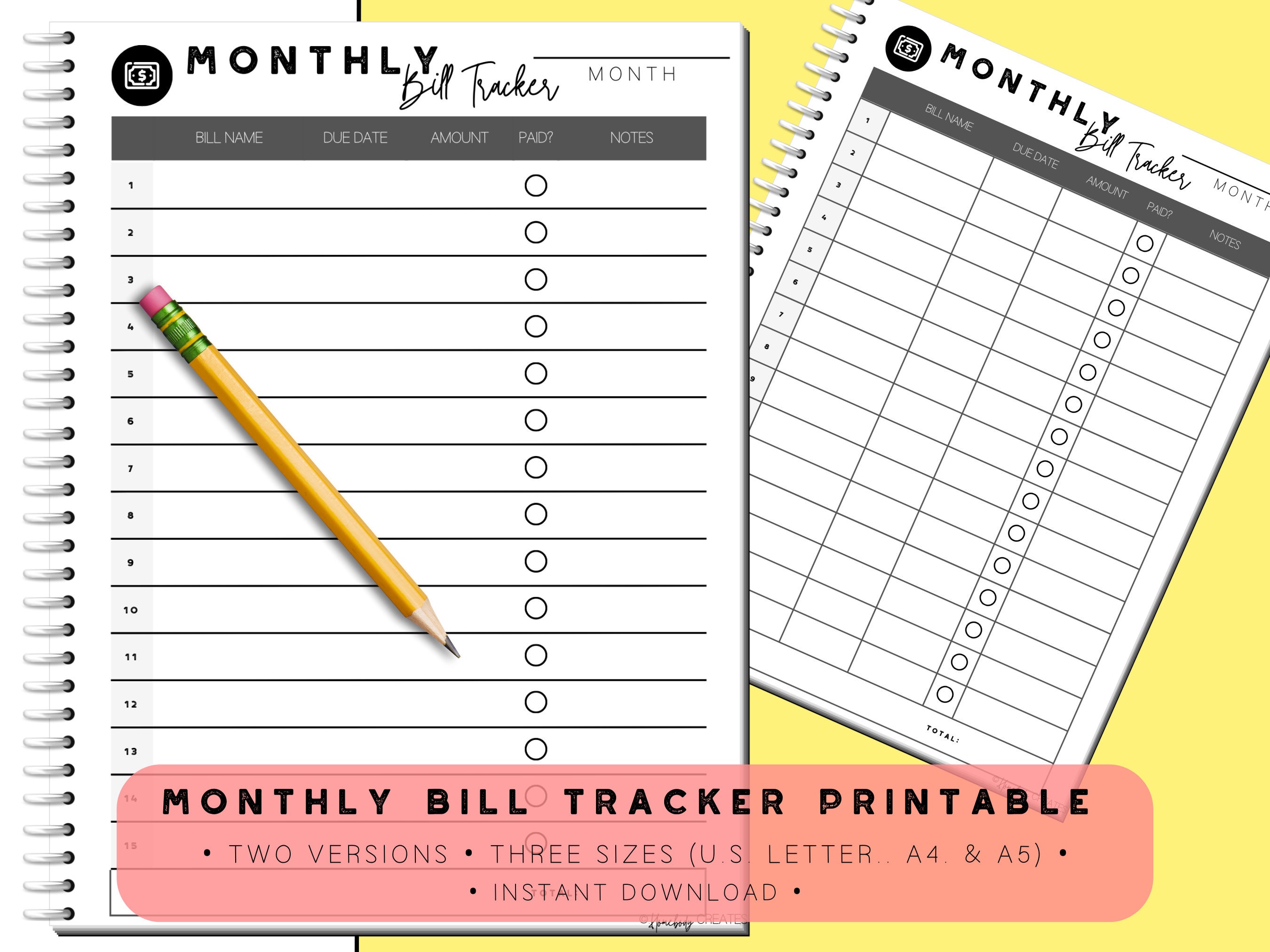 Monthly Bill Tracker Printable Planner (2 Versions) Lined & Unlined A4 ...