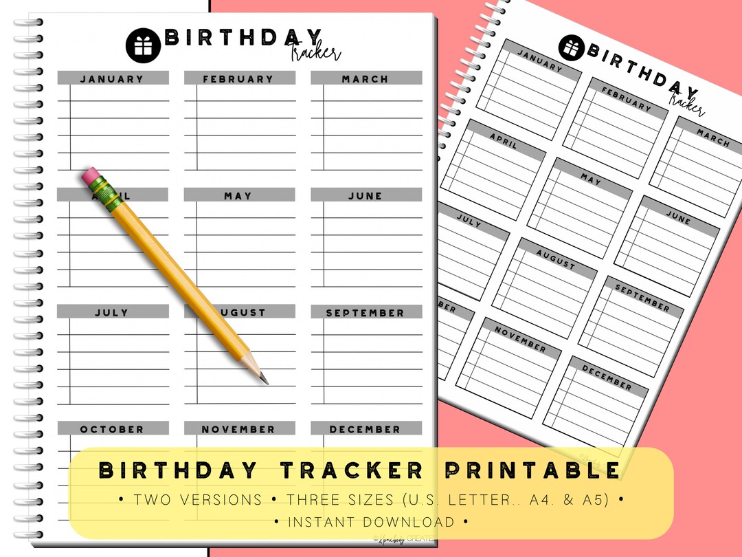 Birthday Tracker Printable (2 Versions) - Organizer A4, A5, Letter ...