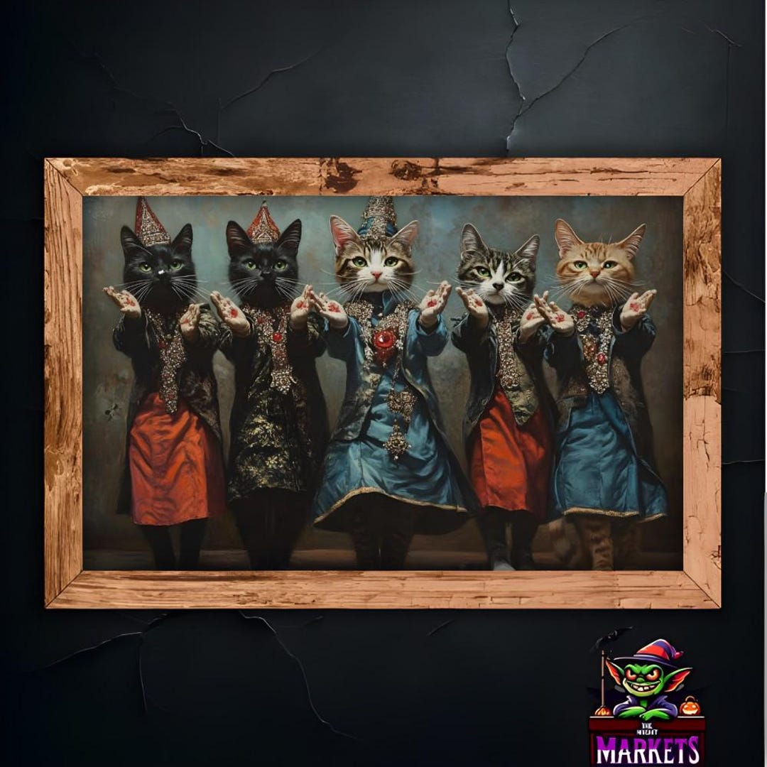 Dancing Cat Wall Art, Five Cats Dancing in Traditional Outfits, Unique ...