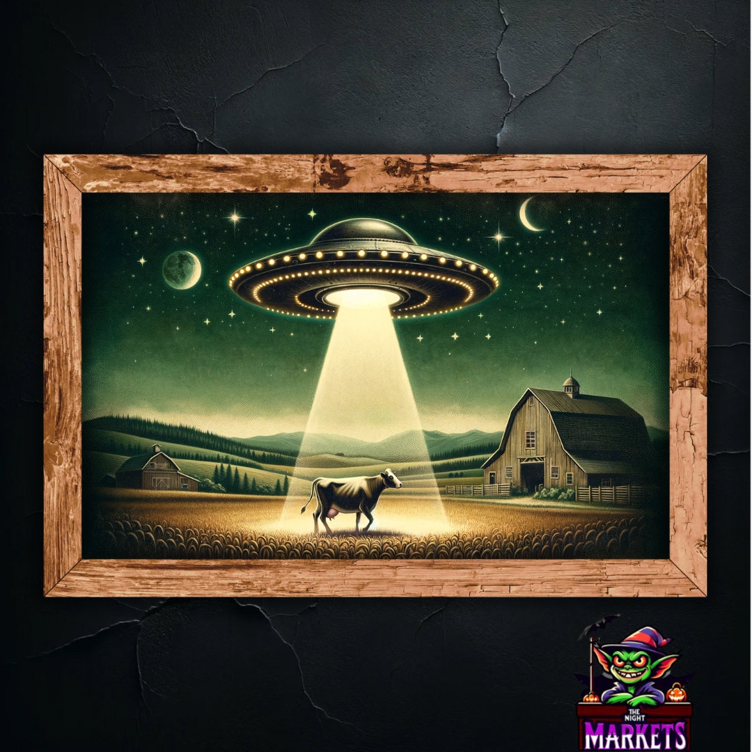 Aliens and Cows Abduction Print - Space Cows Poster - Cosmic Cows in ...