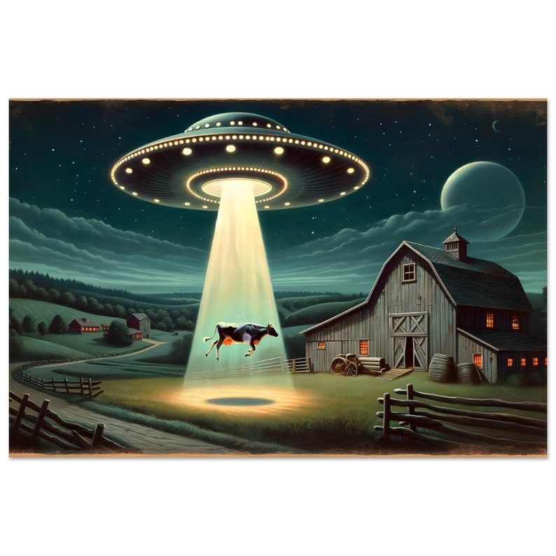 Aliens and Cows Abduction Print - Space Cows Poster - Cosmic Cows in ...