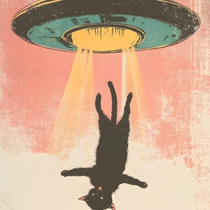 Alien and Cat Wall Art – UFO Abducting Cat, Fun Retro Sci-fi Poster ...