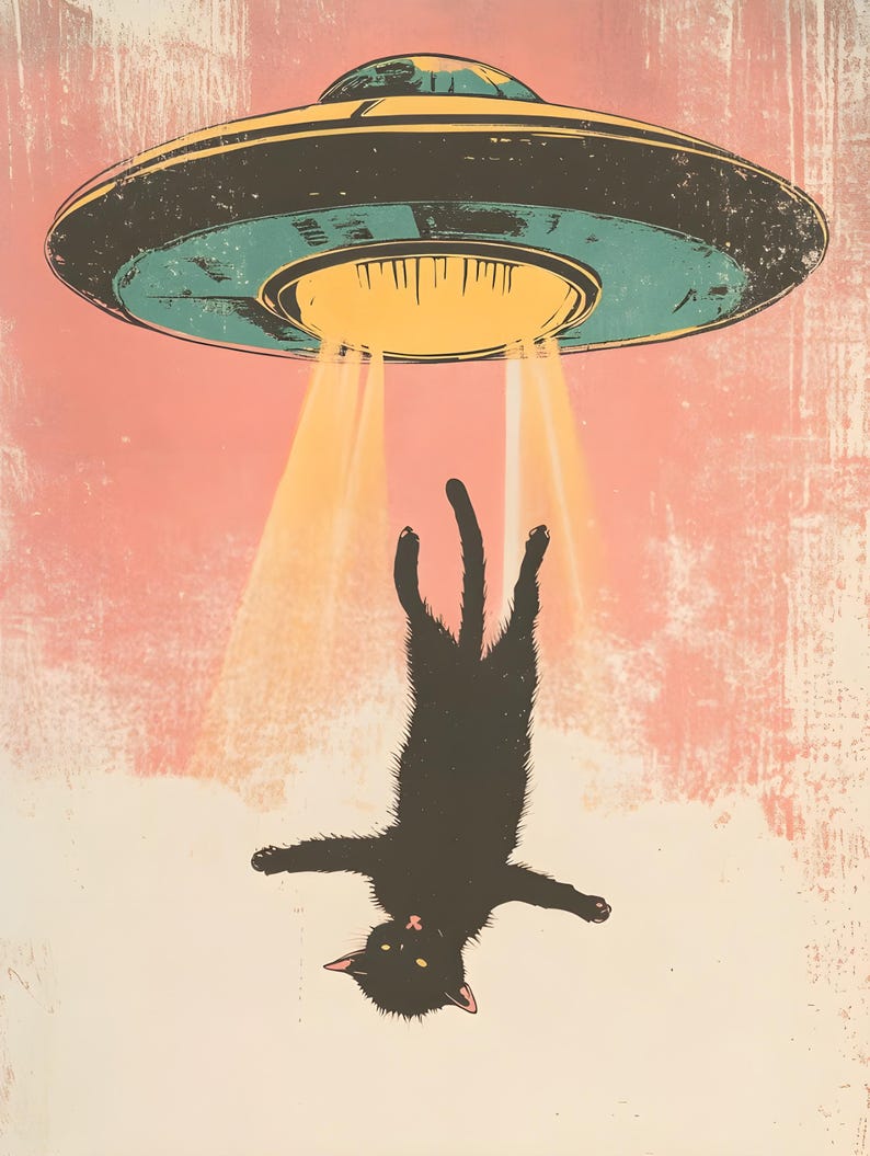 Alien and Cat Wall Art – UFO Abducting Cat, Fun Retro Sci-fi Poster ...