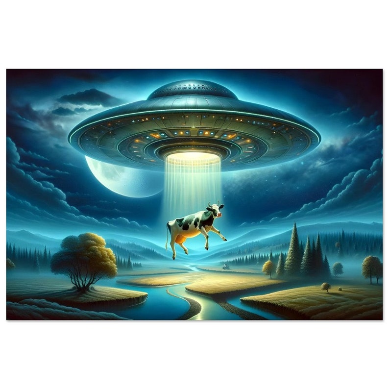 Aliens and Cows Abduction Print - Space Cows Poster - Cosmic Cows in ...