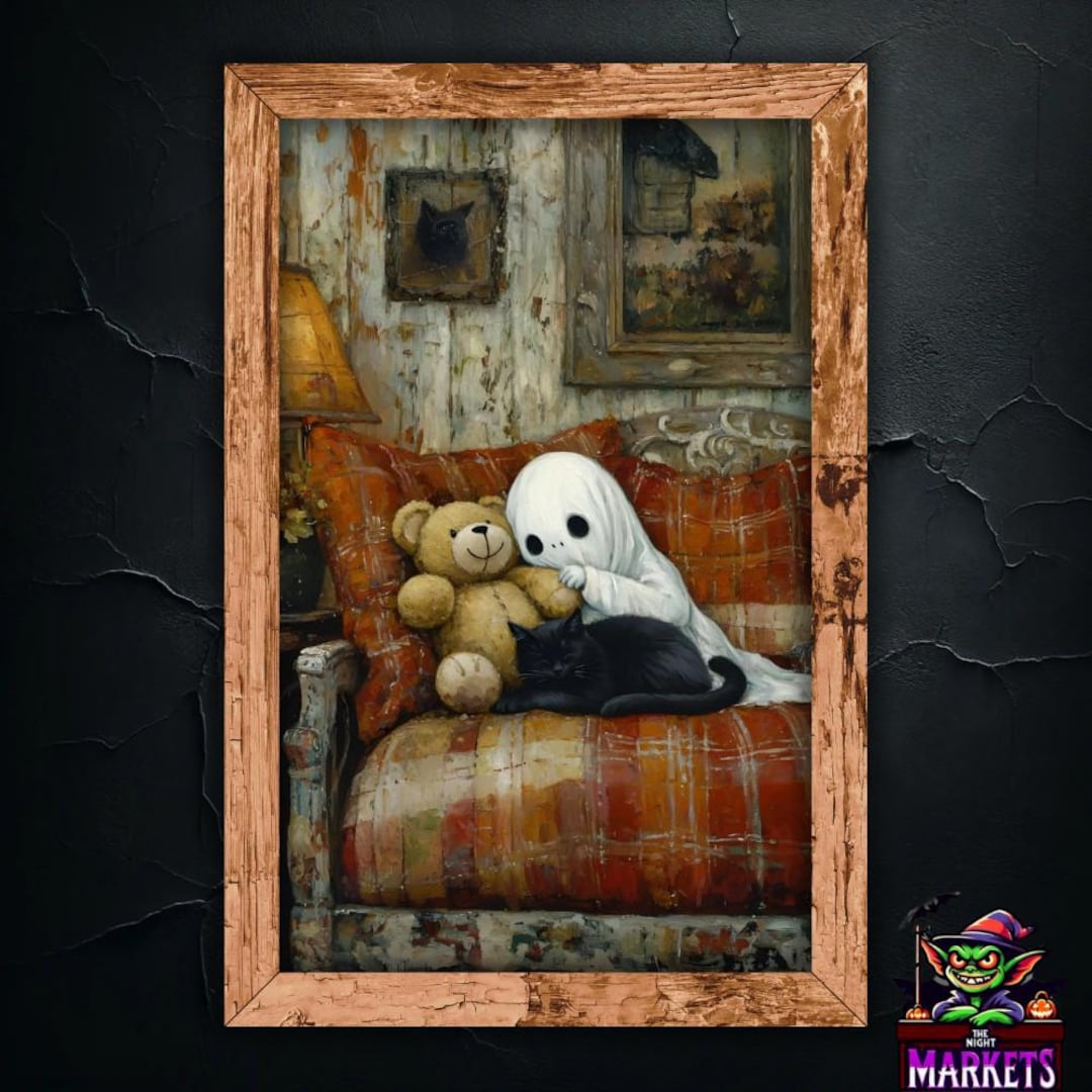 Ghost With Teddy Bear and Cat Wall Art Cozy Vintage Style Painting ...