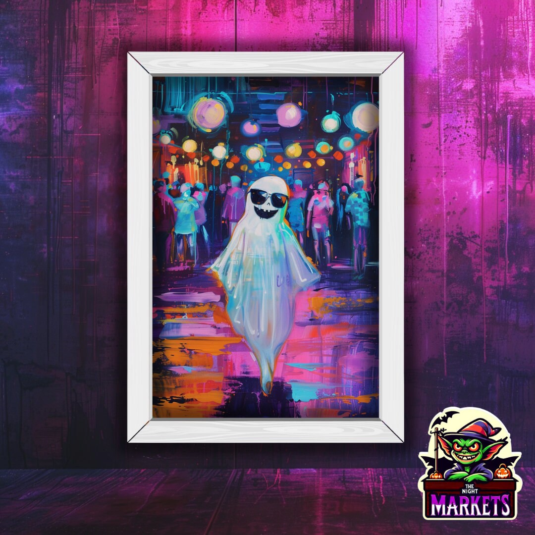 Synthwave Ghost Painting, Colorful Night Scene Wall Art, Modern Neon ...