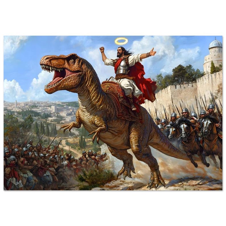 Jesus Riding a Dinosaur, T-rex Wall Art Print, Jesus Christ Fantasy ...