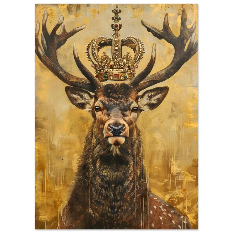 Stag With Crown Wall Art, Vintage Deer King Canvas Print, Regal Animal ...