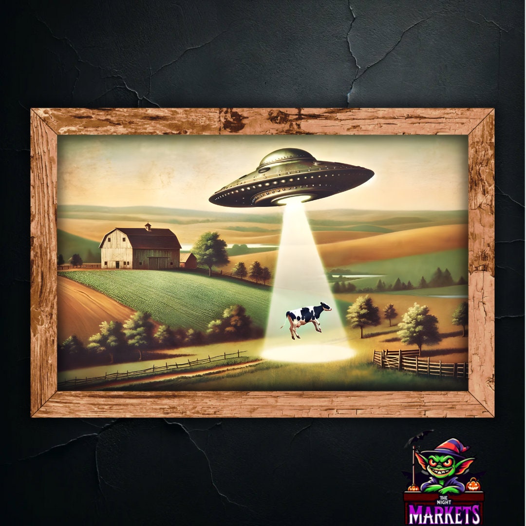 Aliens and Cows Abduction Print - Space Cows Poster - Cosmic Cows in ...
