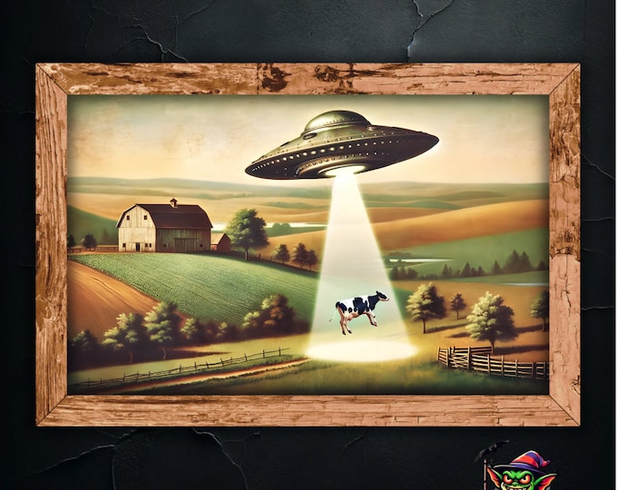 Aliens and Cows Abduction Print Space Cows Poster Cosmic Cows in Space ...