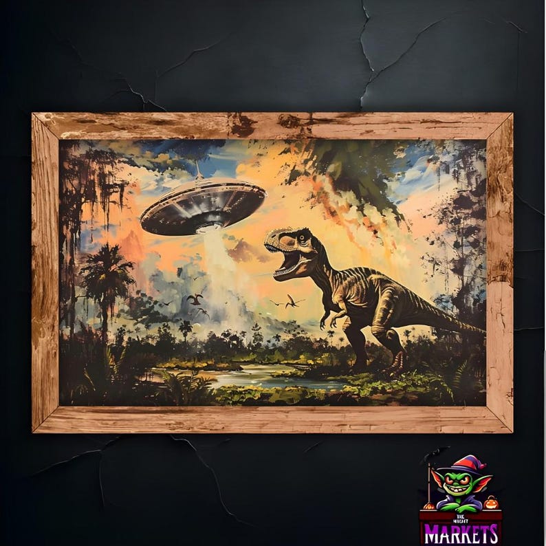 Dinosaur UFO Wall Art, Science Fiction Paleolithic Art, Unique Wall ...