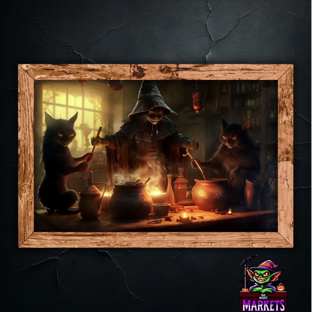 Gothic Witch Cats Brewing Potions - Spooky Picture of Magic Cats and ...