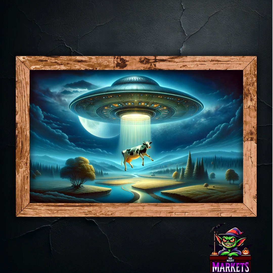 Aliens and Cows Abduction Print - Space Cows Poster - Cosmic Cows in ...