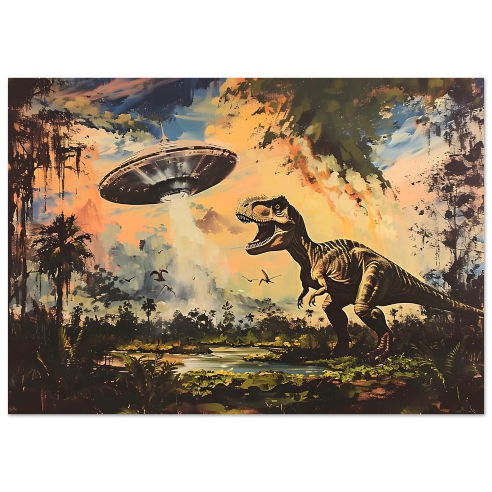 Dinosaur UFO Wall Art, Science Fiction Paleolithic Art, Unique Wall ...