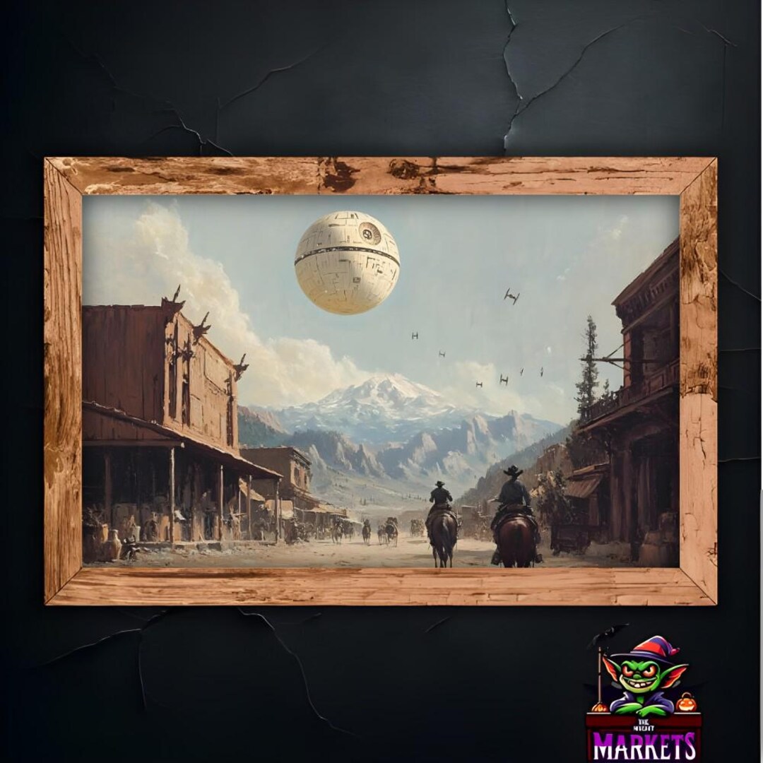 Star Wars Wall Art Death Star Over Vintage Cowboy Town, Sci-fi Meets ...