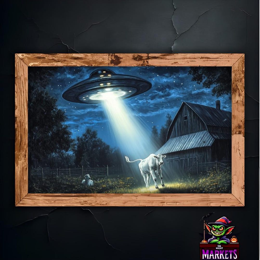 Aliens and Cows Abduction Print - Space Cows Poster - Cosmic Cows in ...