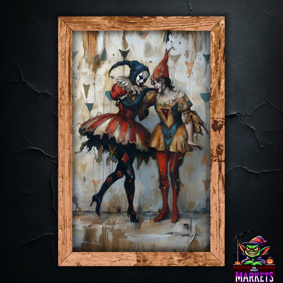 Gothic Clown Duo Wall Art, Dark Fantasy Circus Decor, Unique Whimsical ...