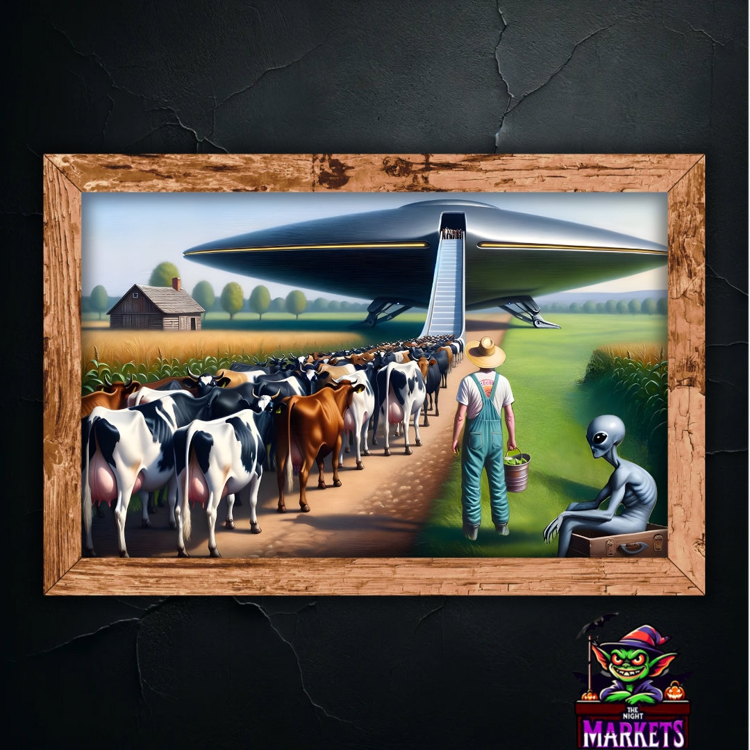 Aliens and Cows Abduction Print - Space Cows Poster - Cosmic Cows in ...