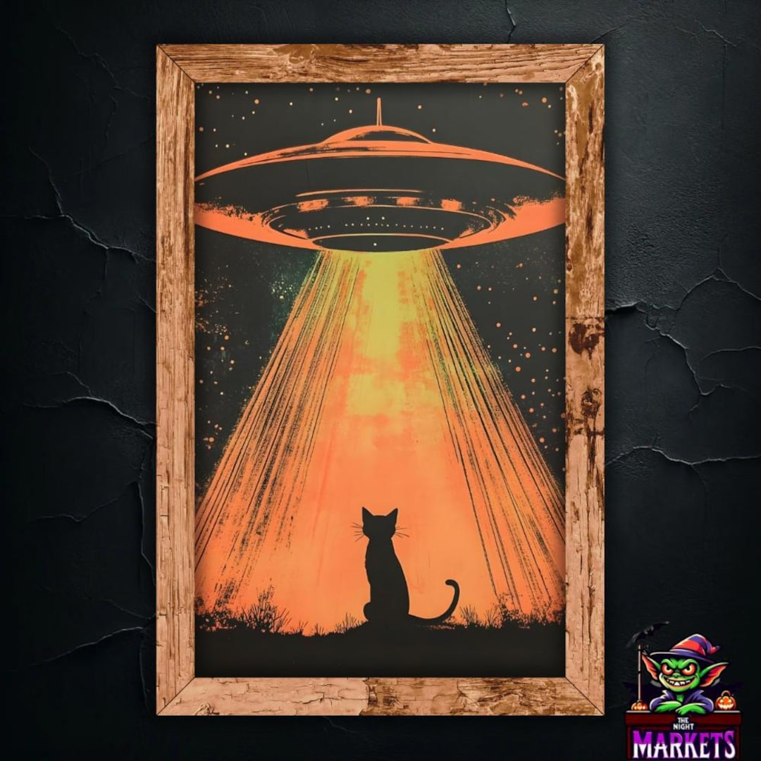 Alien and Cat Wall Art – UFO Beaming Cat, Retro Sci-fi Art, Alien With ...