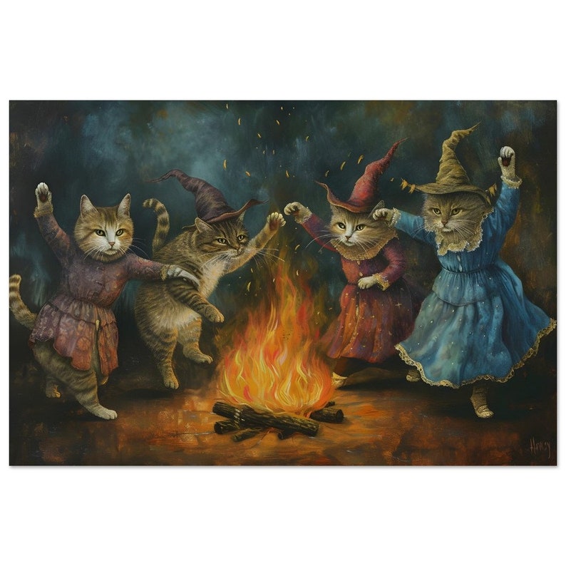 Cat Witches Dancing Around Bonfire Wall Art, |tapestry Painting ...