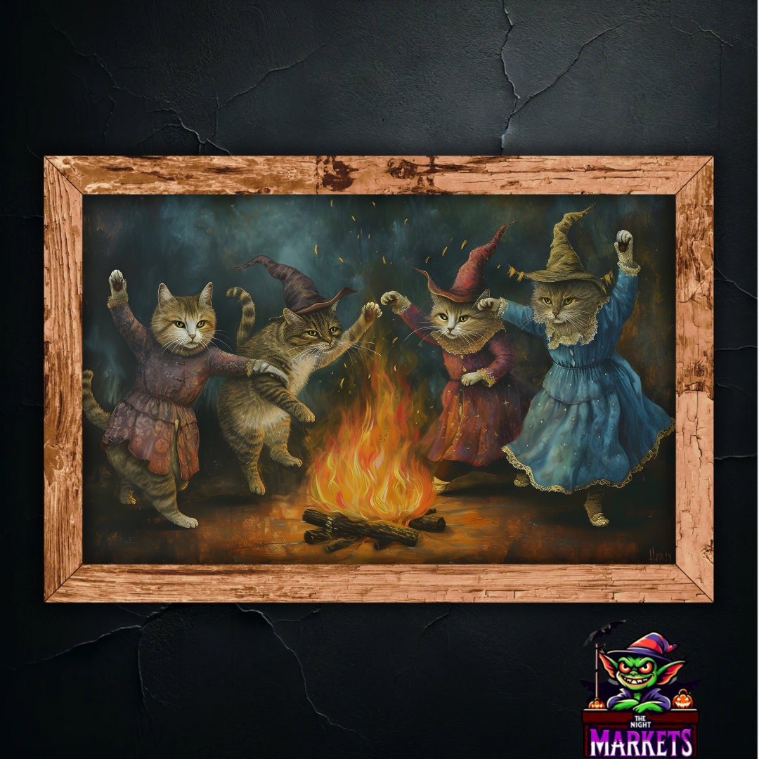Cat Witches Dancing Around Bonfire Wall Art, |tapestry Painting ...