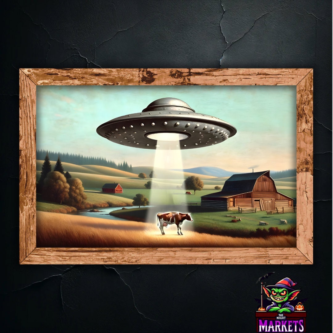 Aliens and Cows Abduction Print Space Cows Poster Cosmic Cows in Space ...