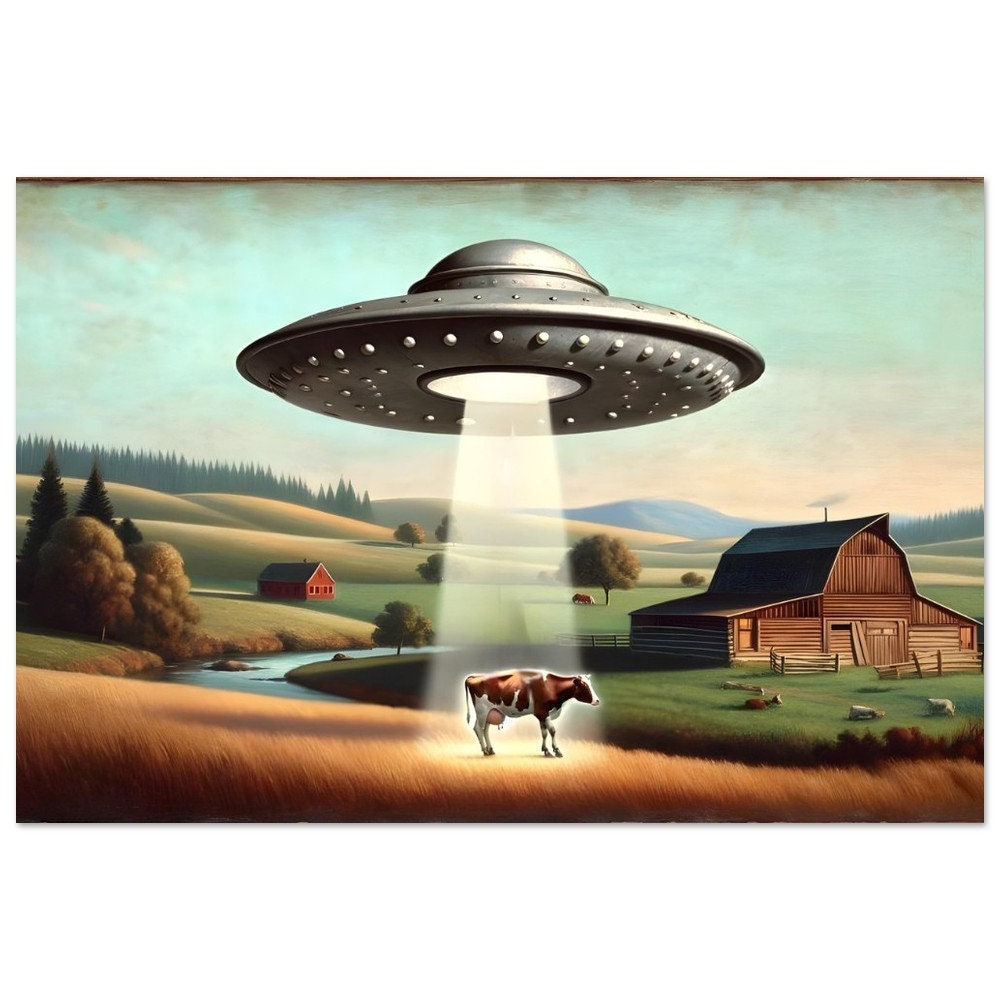 Aliens and Cows Abduction Print - Space Cows Poster - Cosmic Cows in ...