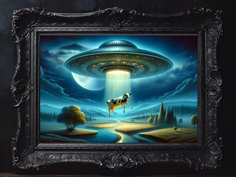 Aliens and Cows Abduction Print Space Cows Poster Cosmic Cows in Space ...