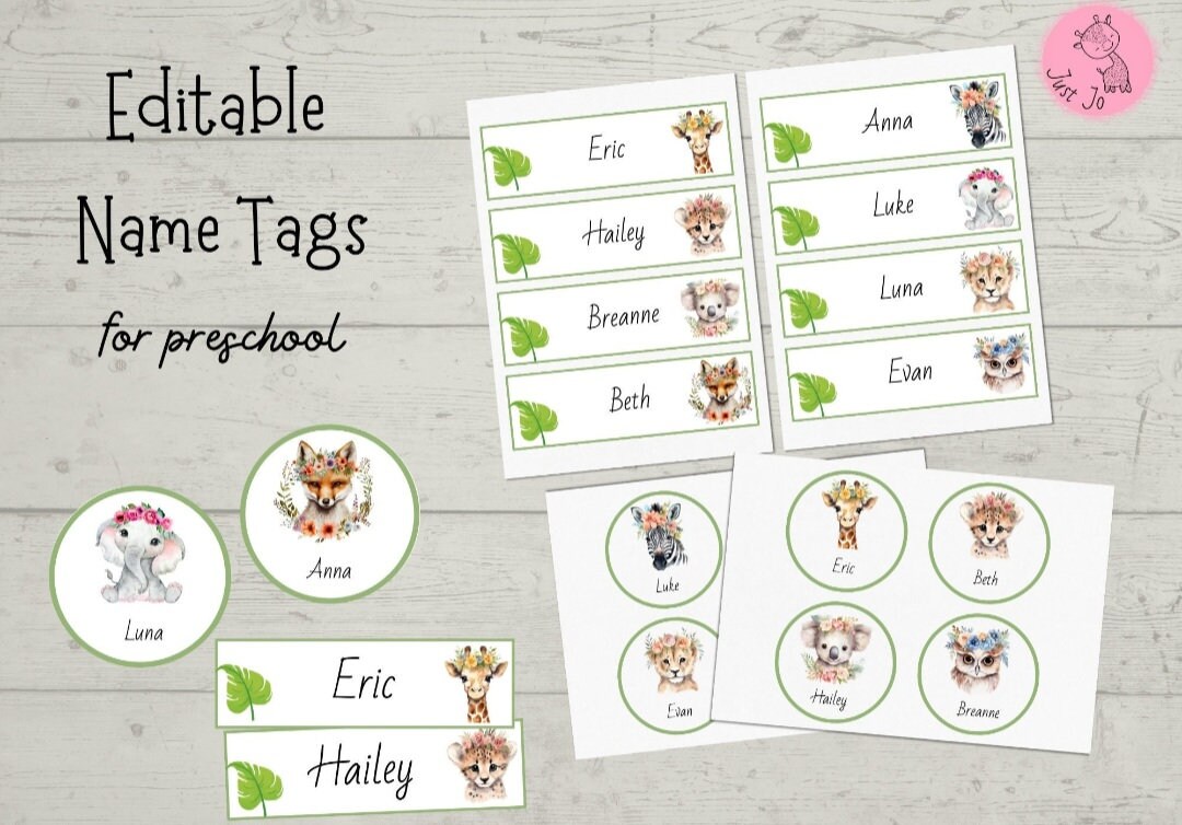 Cute Animal Name Tags, Preschool Resources, Canva PNG Editable Name Tag ...