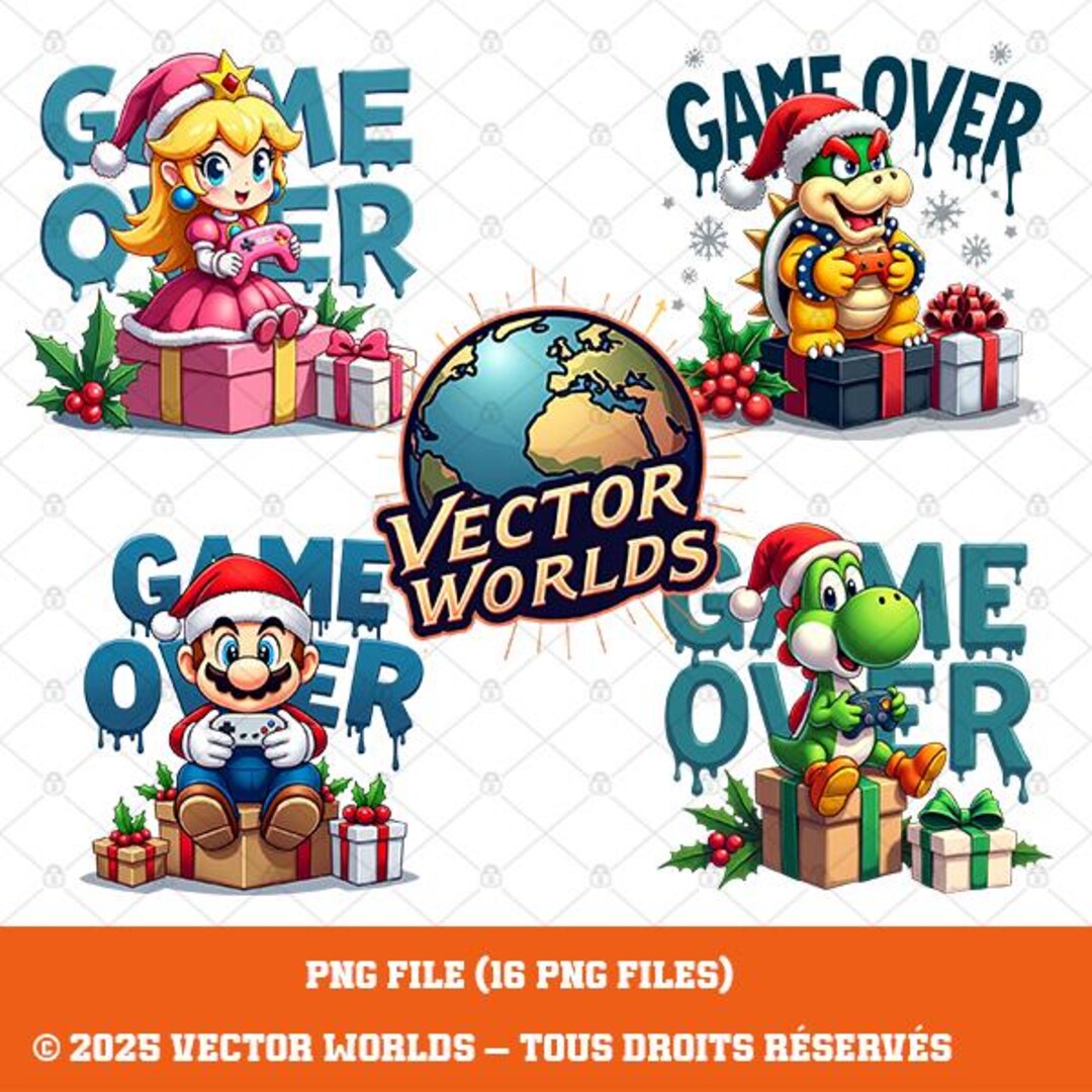 16 Christmas Gamer Characters PNG – GAME OVER Text, Cute Cartoon Mario ...