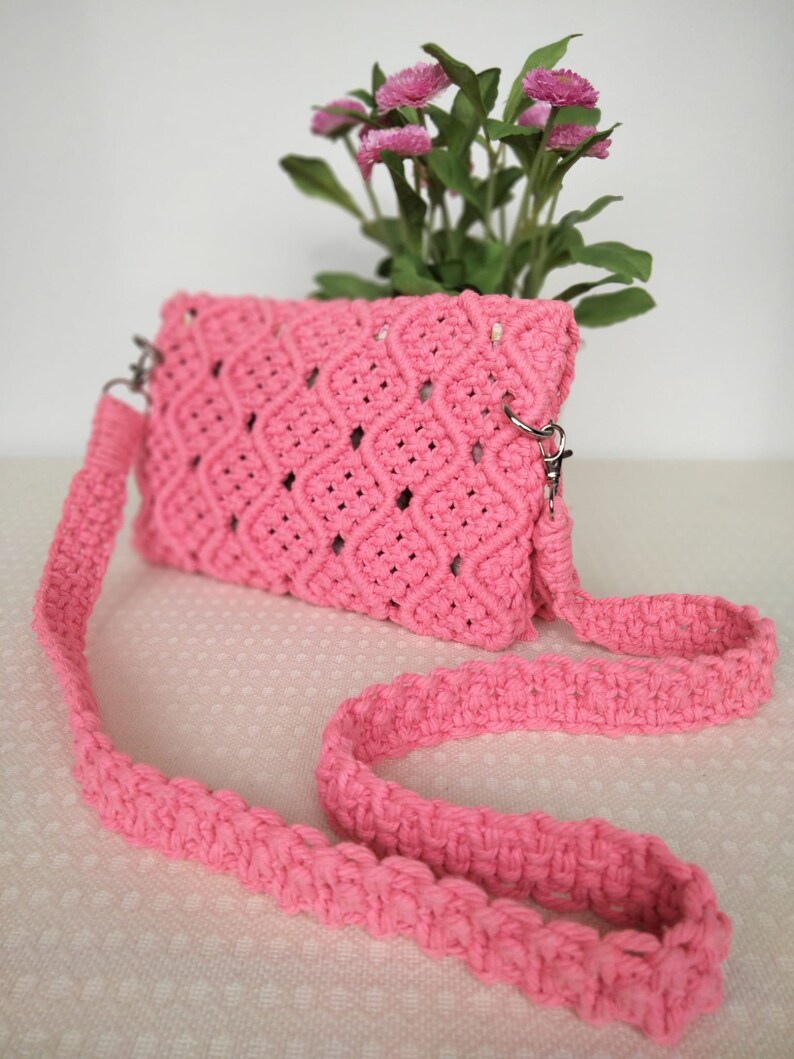 Boho Style Crochet Crossbody Bag, Handmade Pink Fringed Bag, Diamond ...