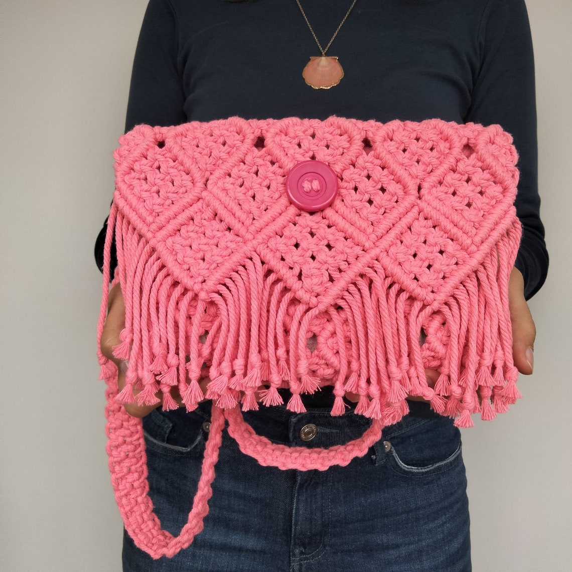Boho Style Crochet Crossbody Bag, Handmade Pink Fringed Bag, Diamond ...