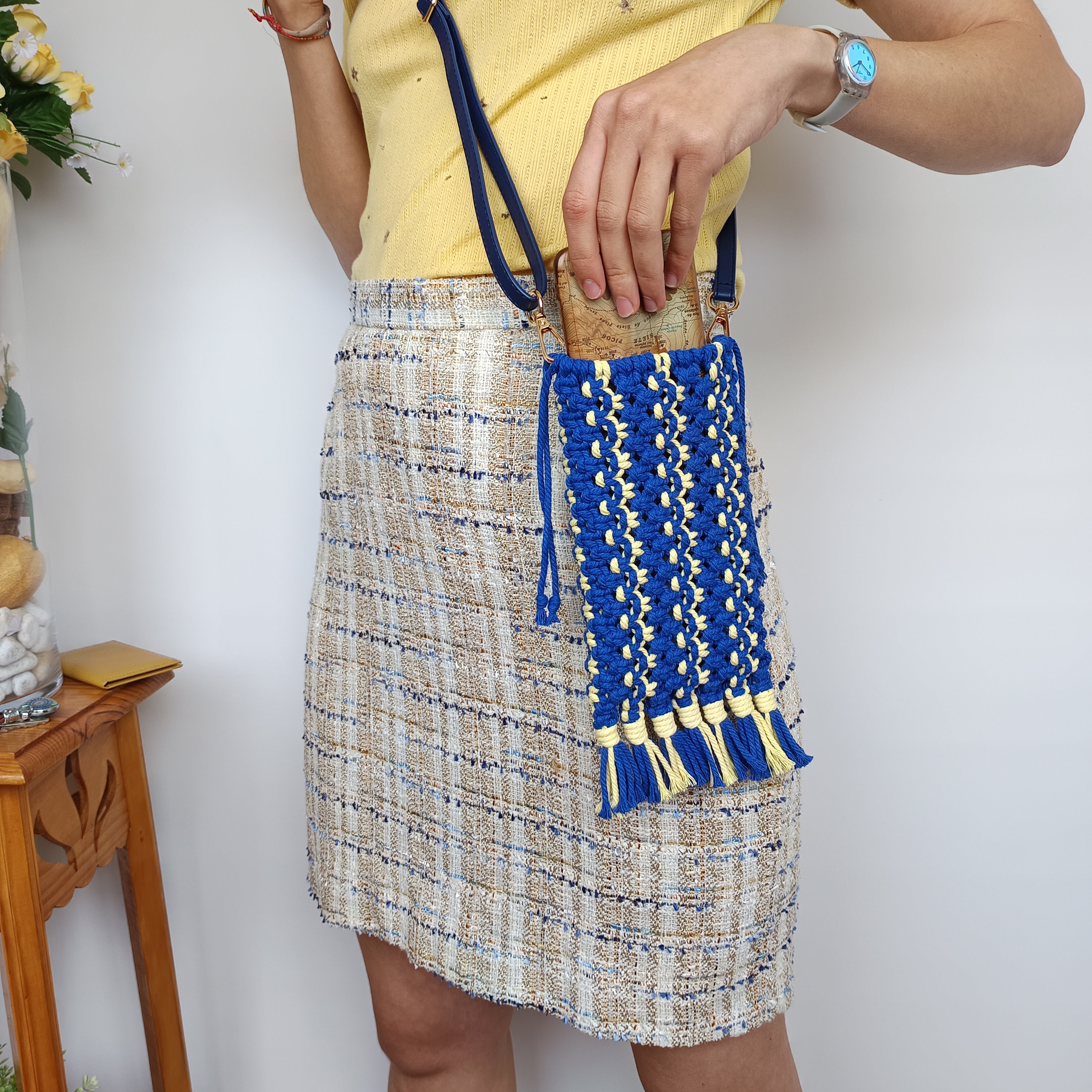 Blue and Yellow Handmade Macrame Cell Phone Case, Phone Pouch With ...