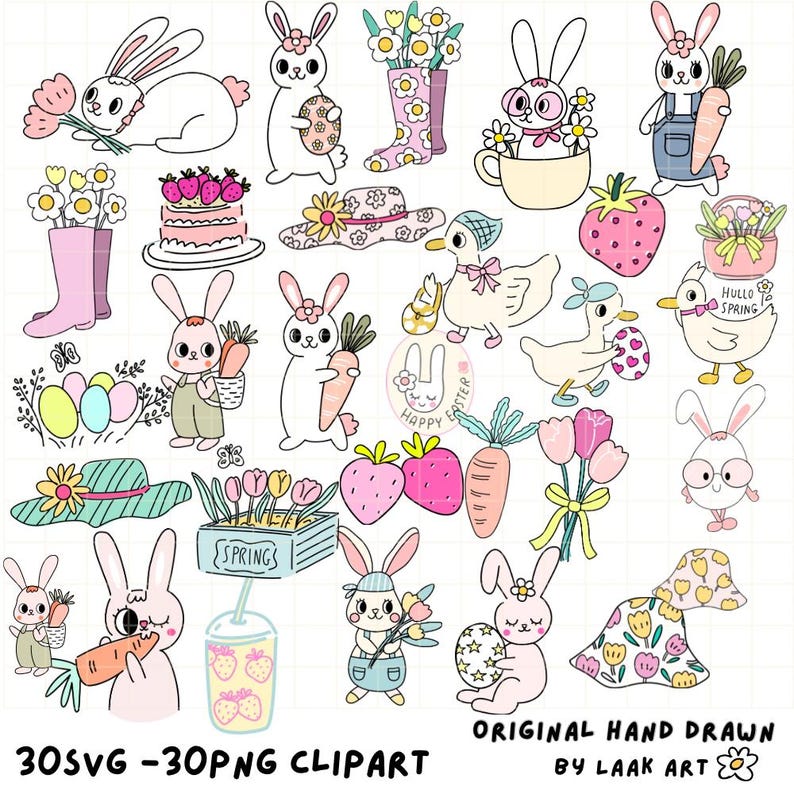 Hand-drawn Spring Easter Clip Art: Bunny, Goose, Tulips (SVG, PNG) - Etsy