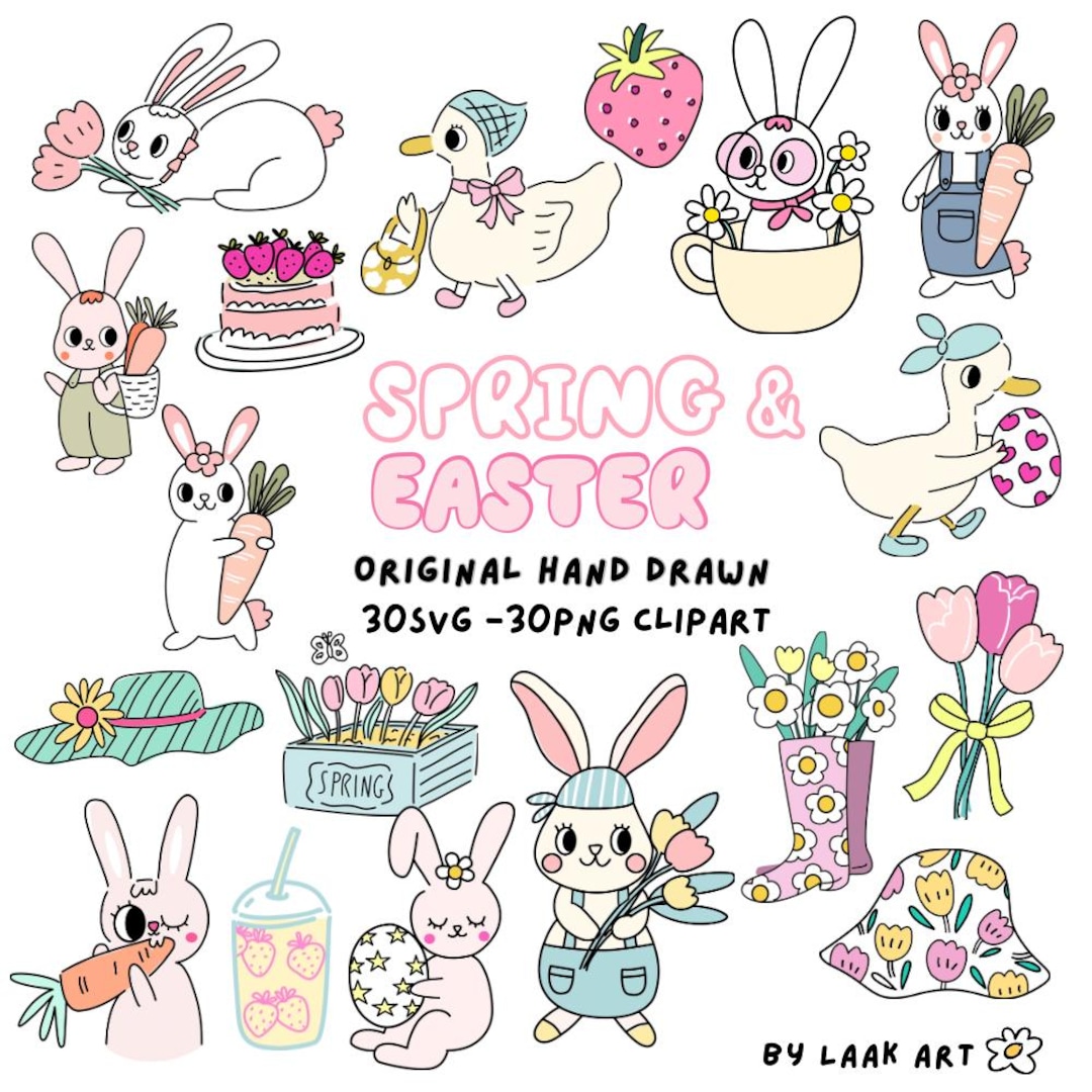 Hand-drawn Spring Easter Clip Art: Bunny, Goose, Tulips (SVG, PNG) - Etsy