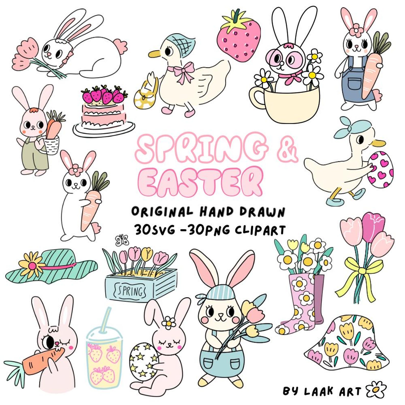 Hand-drawn Spring Easter Clip Art: Bunny, Goose, Tulips (SVG, PNG) - Etsy