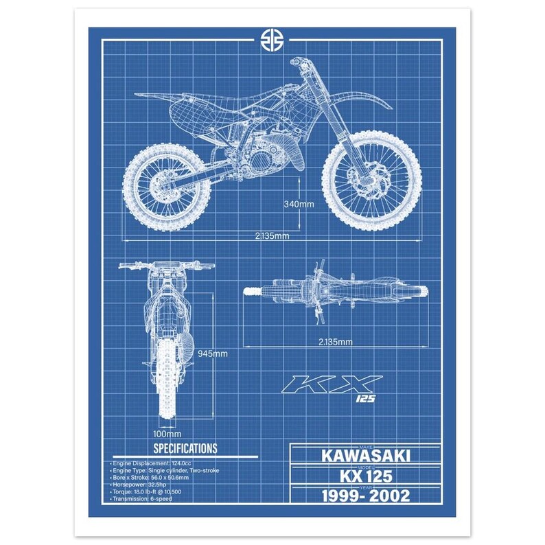 Kawasaki KX 125 Blueprint Poster, Dirtbike Blueprint, Motocross Poster ...