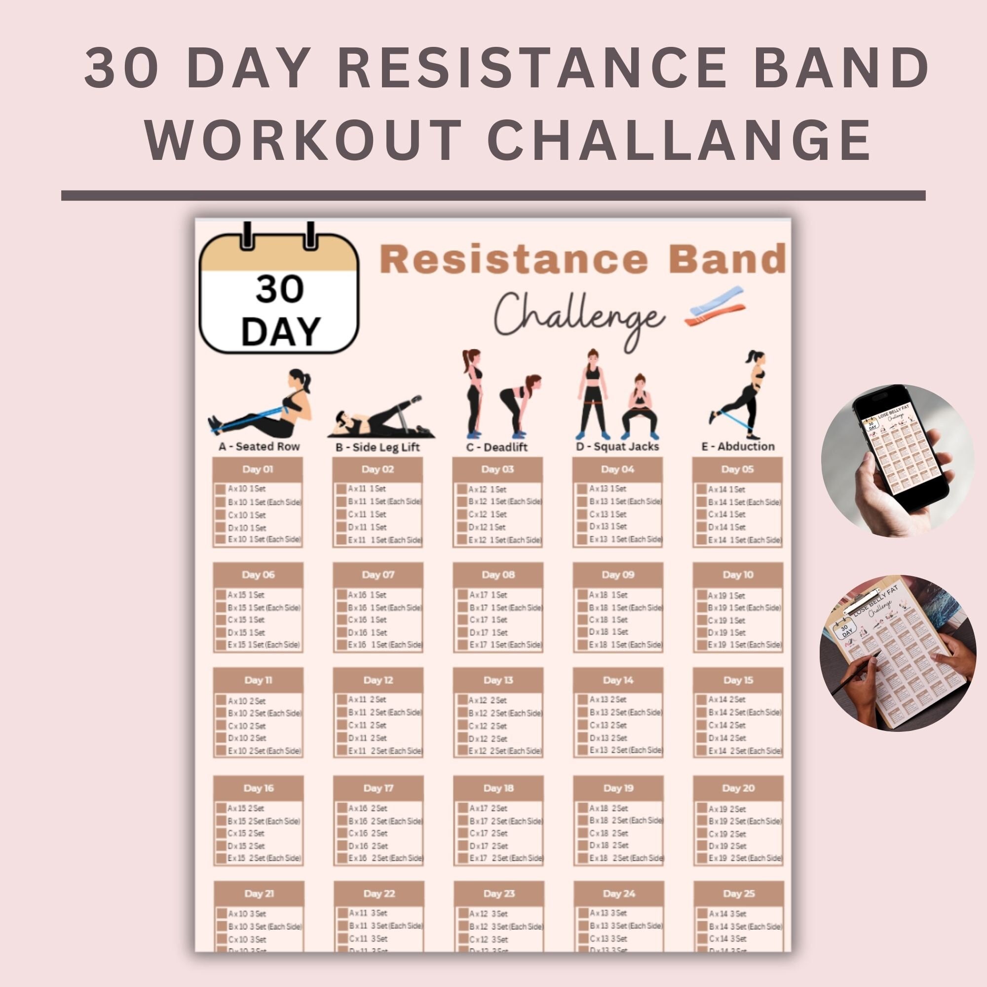 30 Day Resistance Band Workout Challenge Home Office Exercise Guide ...