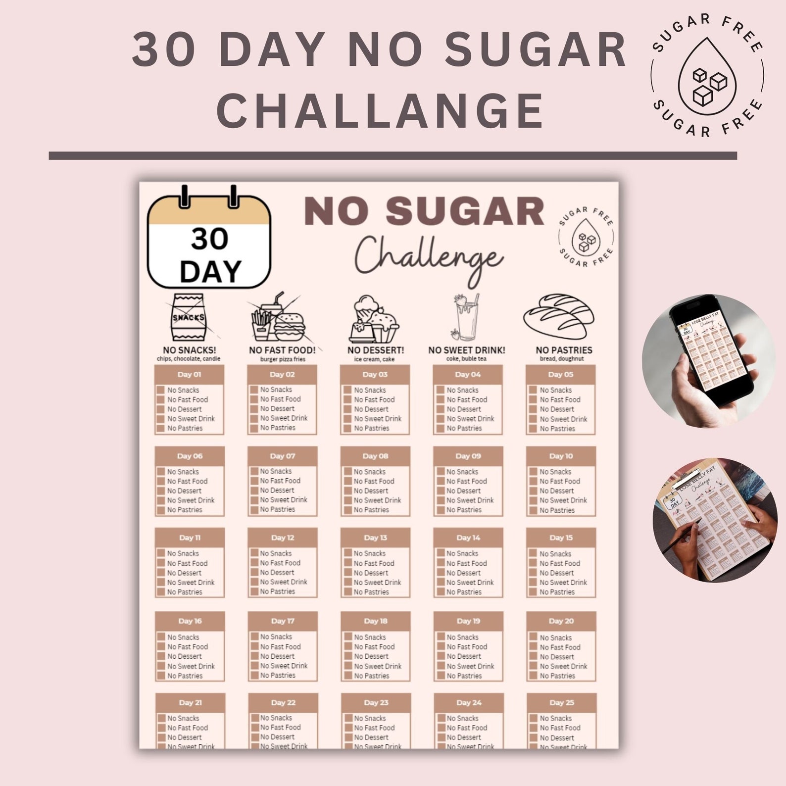 30 Day No Sugar Challenge - Detox Planner - No Sweet Tracker - Stop ...