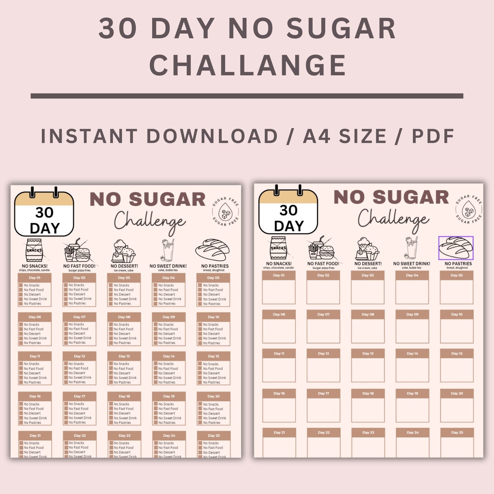 30 Day No Sugar Challenge - Detox Planner - No Sweet Tracker - Stop ...