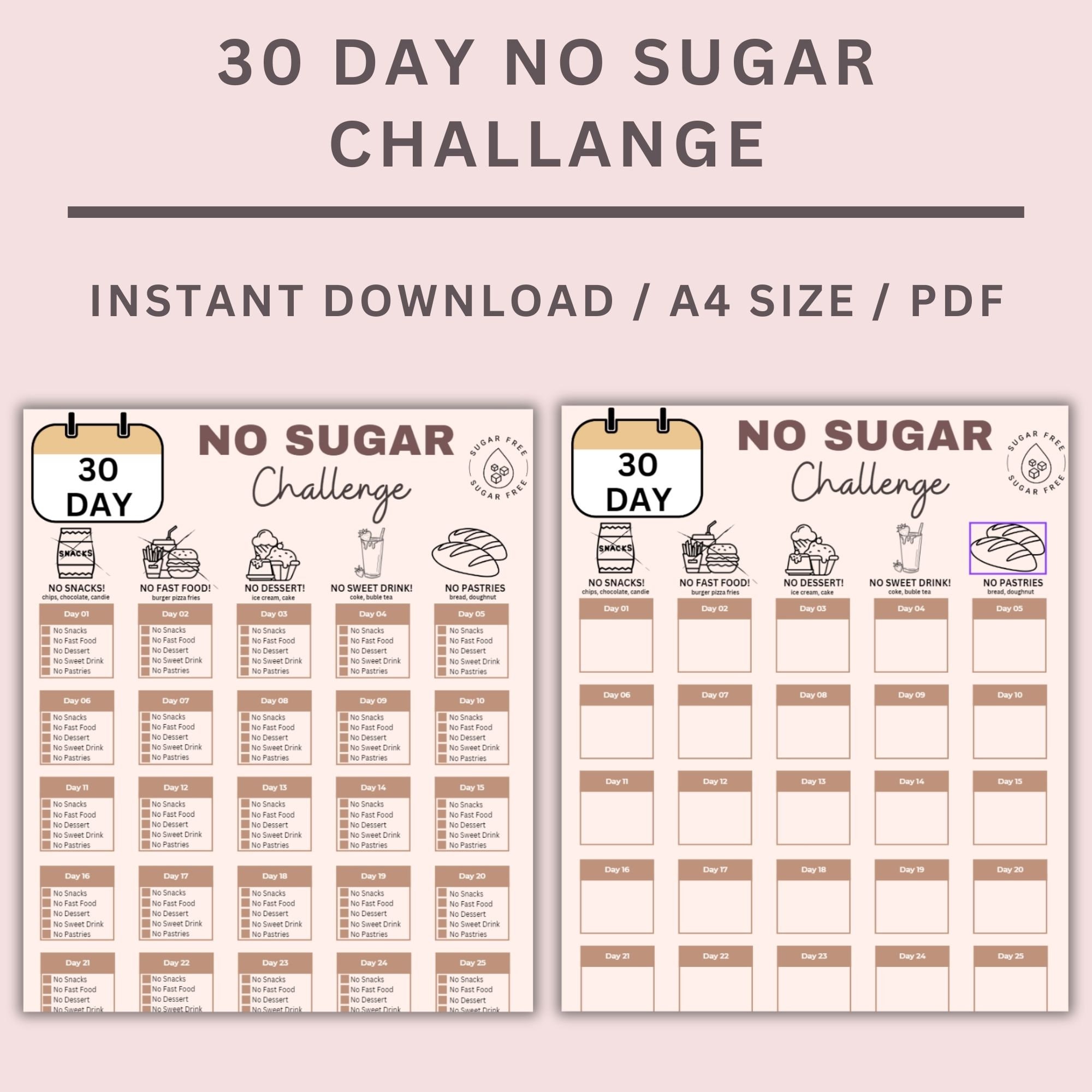 30 Day No Sugar Challenge - Detox Planner - No Sweet Tracker - Stop ...