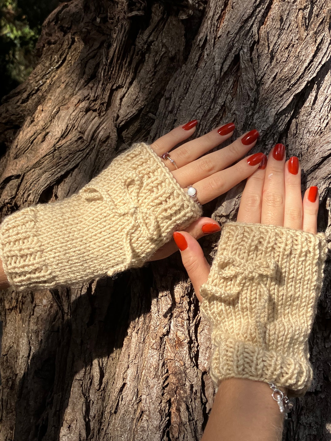 Beige Fingerless Gloves With a Ribbon - Etsy