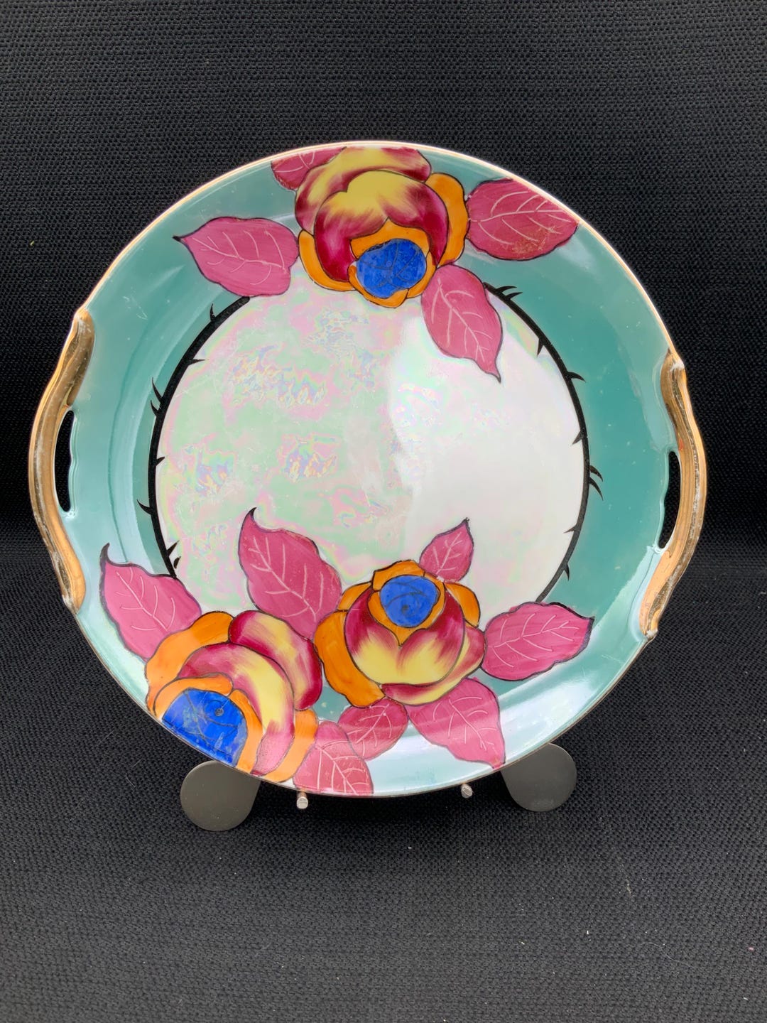 Vintage Lusterware Plate, Iridescent Floral Dish, Gold Handle Plate ...