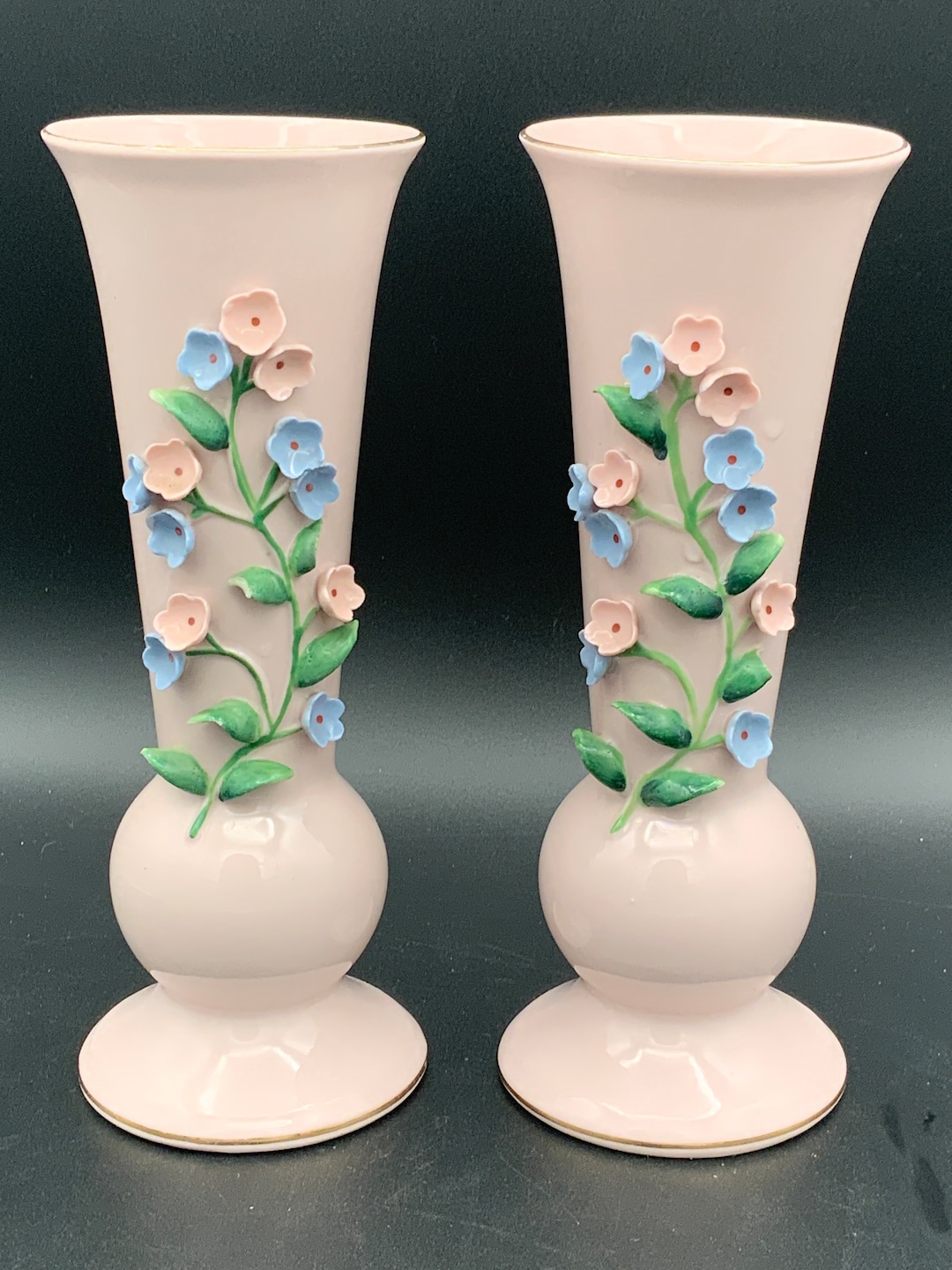 Lefton Pink Porcelain Vase: Applied Flowers, Gold Gilt Edge, Shabby ...