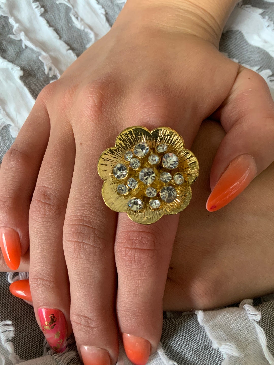 Gold Flower Cocktail Ring, Rhinestone Statement Jewelry, Flower Ring ...