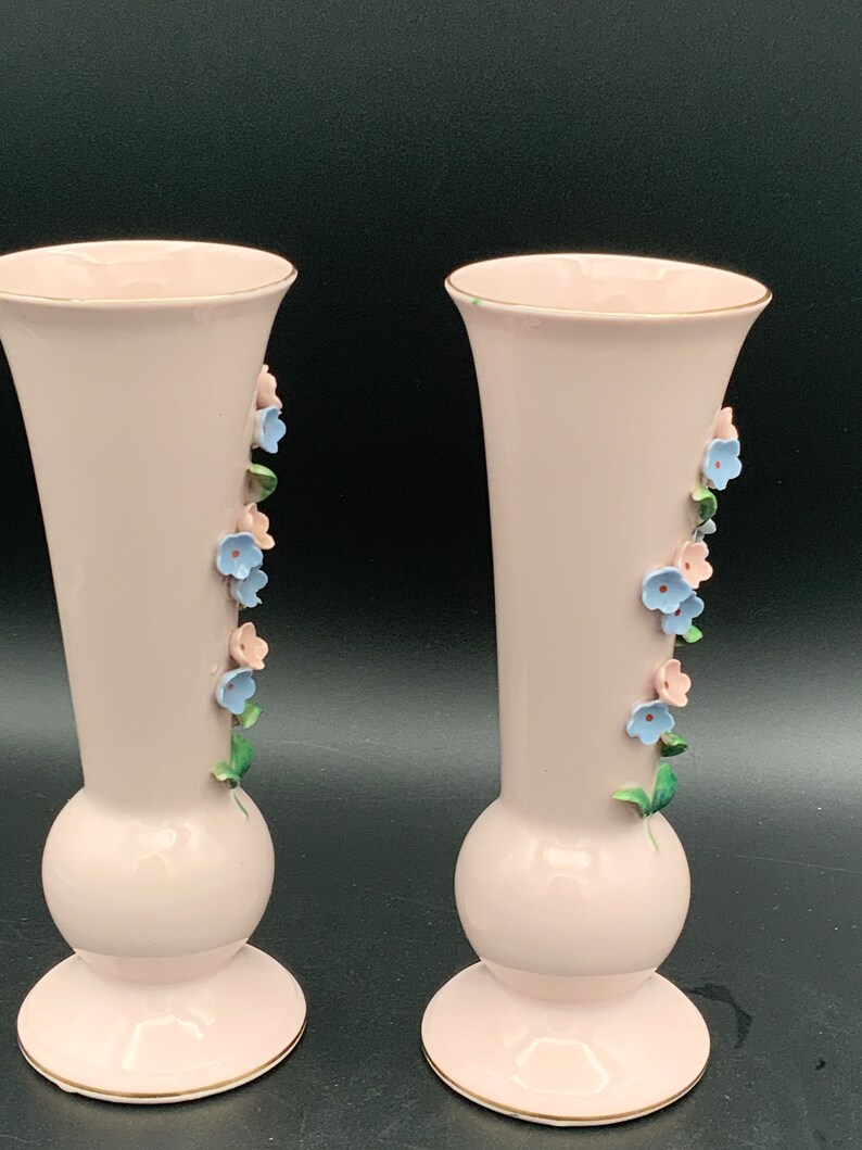 Lefton Pink Porcelain Vase, Applied Floral Decor, Shelf Sitter ...
