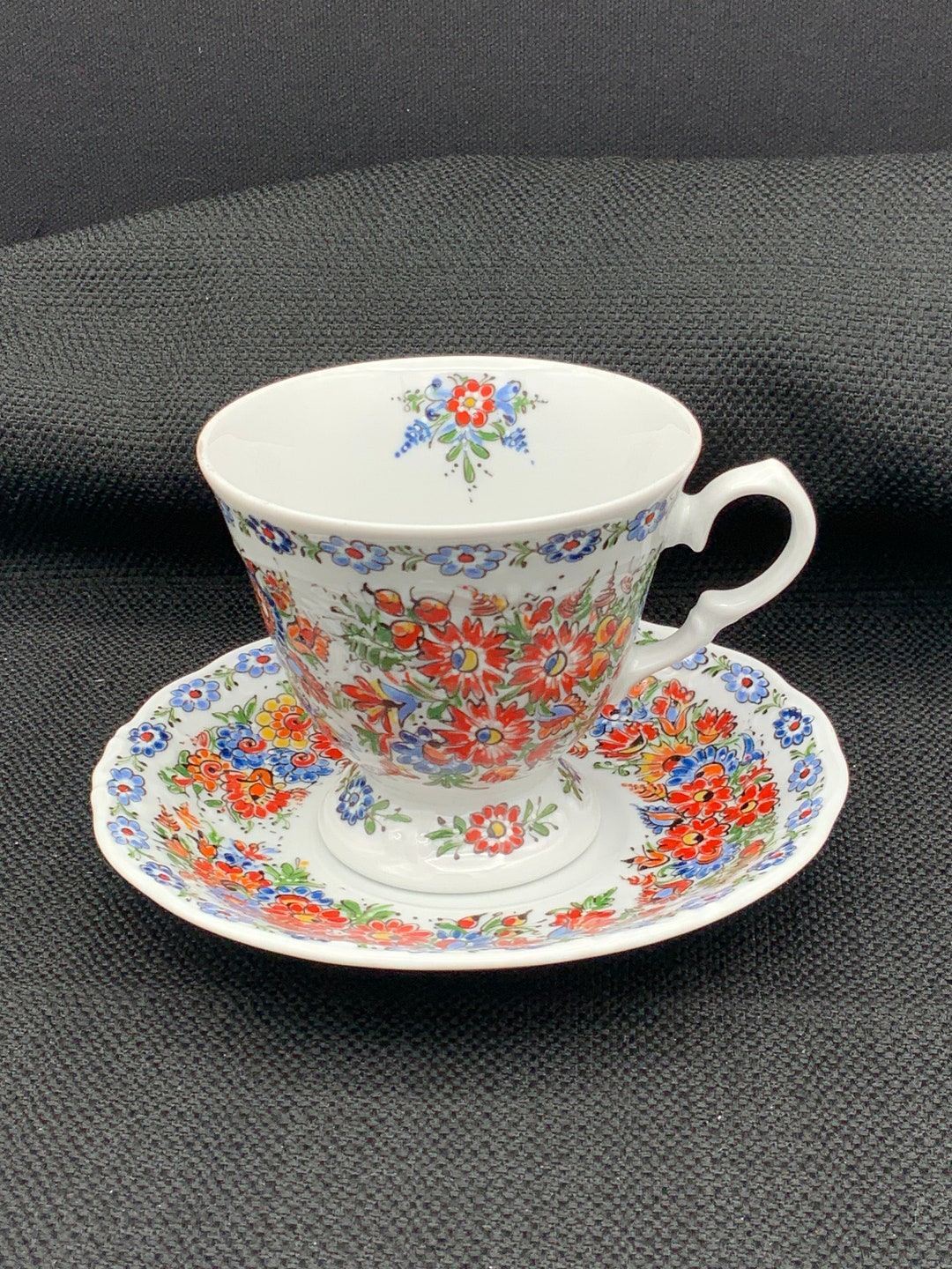 Polish Pottery Cup and Saucer, Cepelia Opolska, Floral Folk Art ...