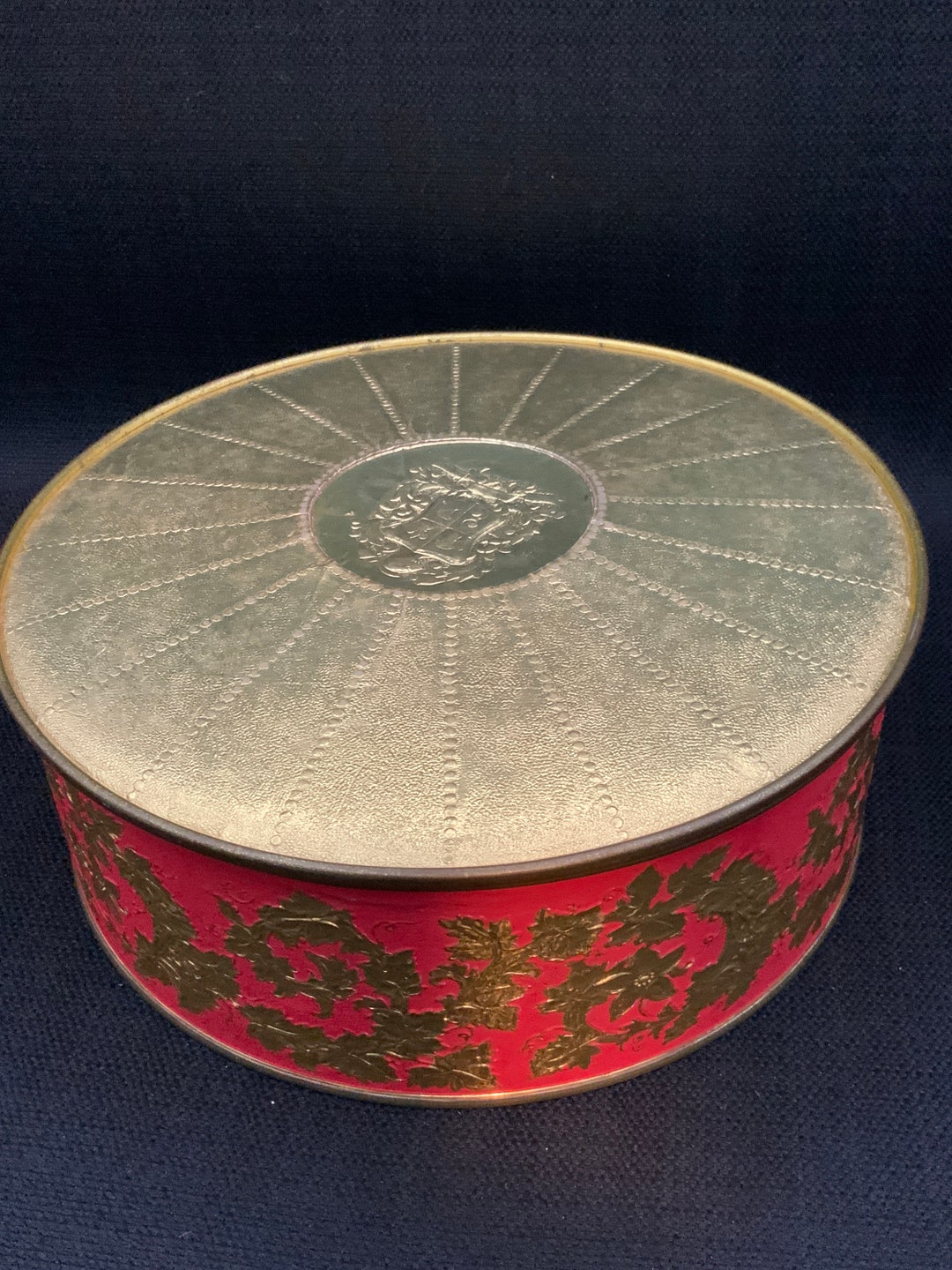 Vintage 1960s Red and Gold Round Tin With Embossed Grapevine and ...