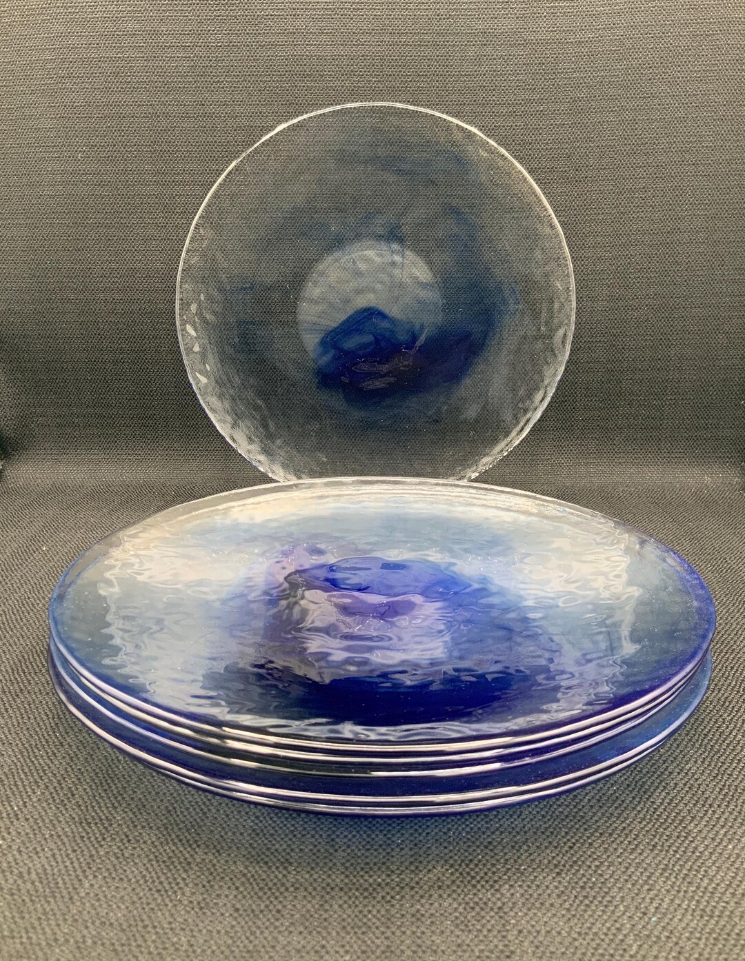 Cobalt Blue Glass Dinner Plates, Abstract Swirl Design, Set of 4 ...
